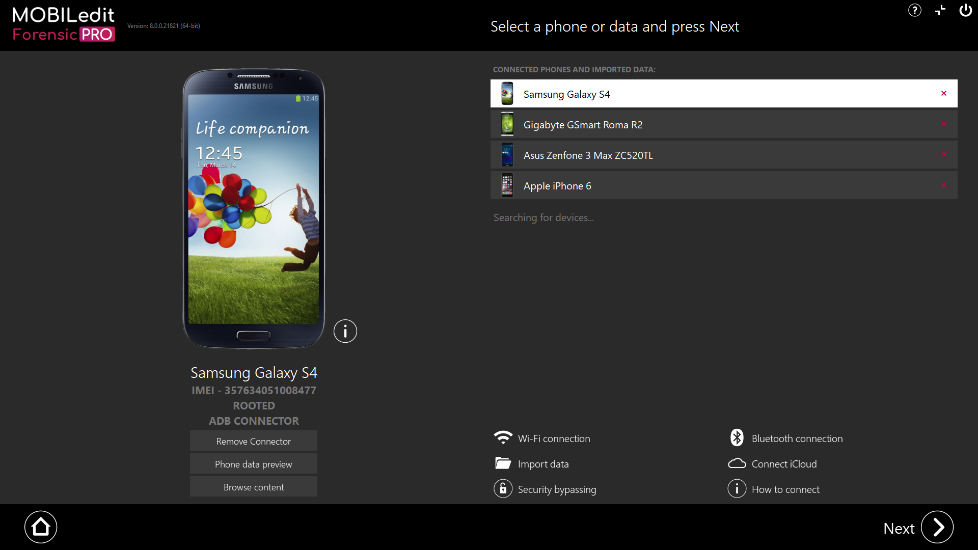Device connection screen